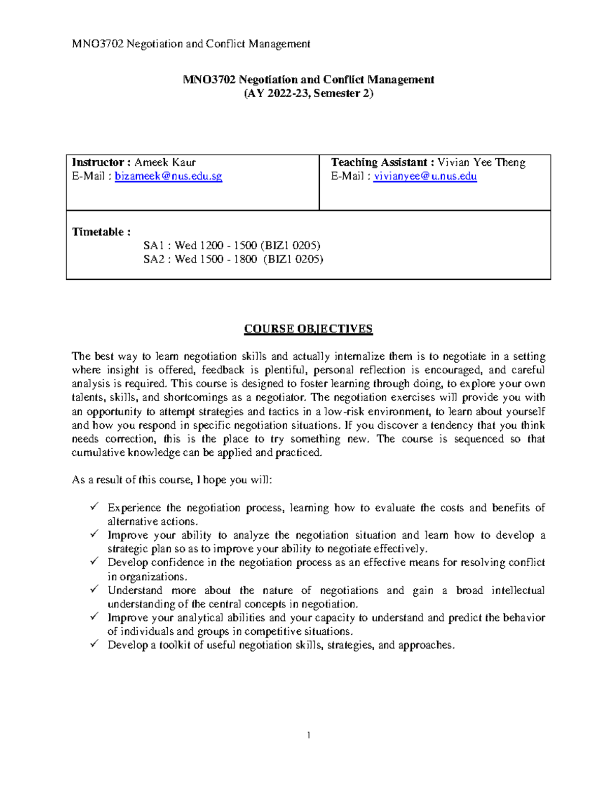 MNO3702 Course Outline (Sem2 AY2022-23) detailed - MNO3702 Negotiation ...