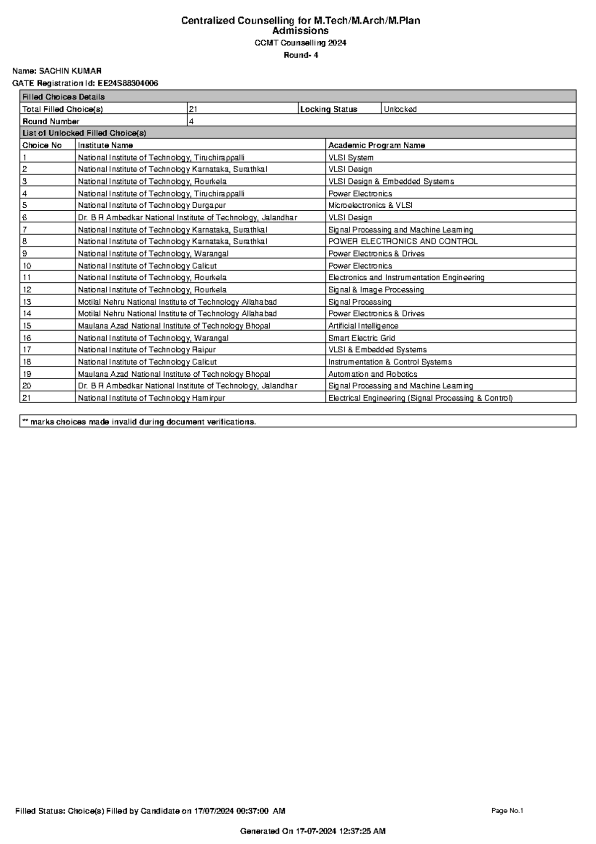 CCMT 2024: Round 4 Filled Choice Details for M.Tech Admissions - Studocu