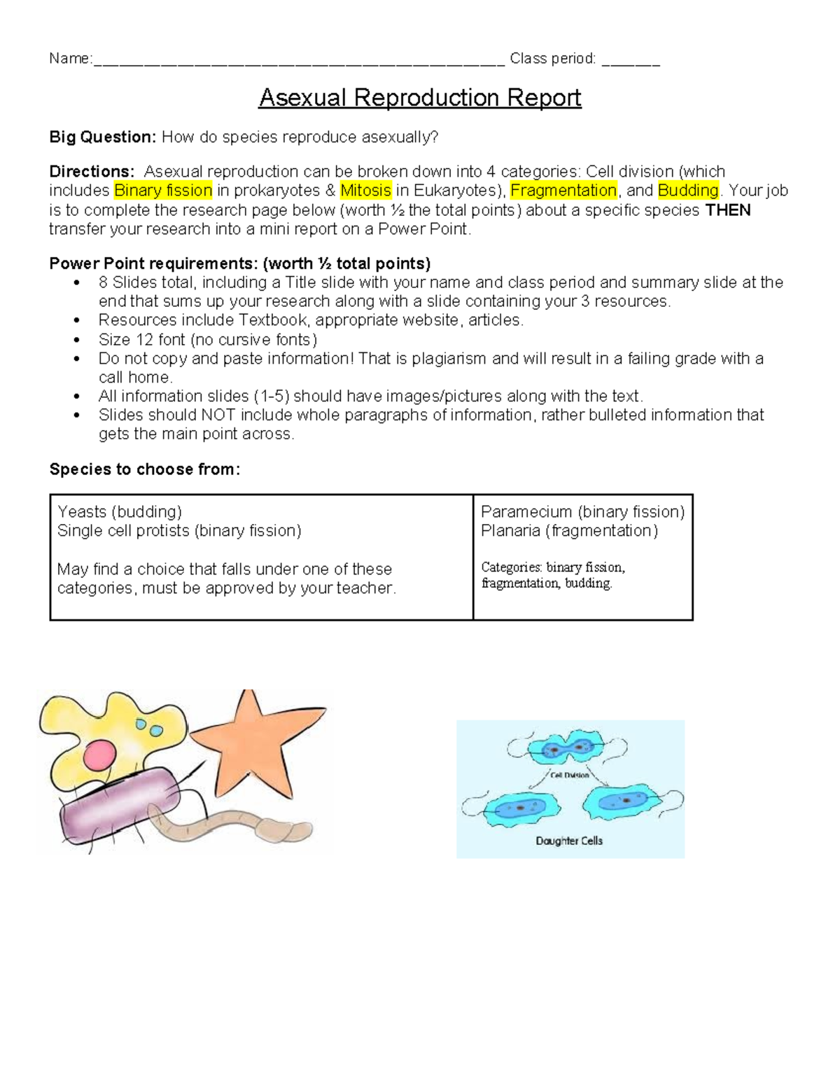 Asexual Reproduction-Research Project WITH Rubric - - Studocu