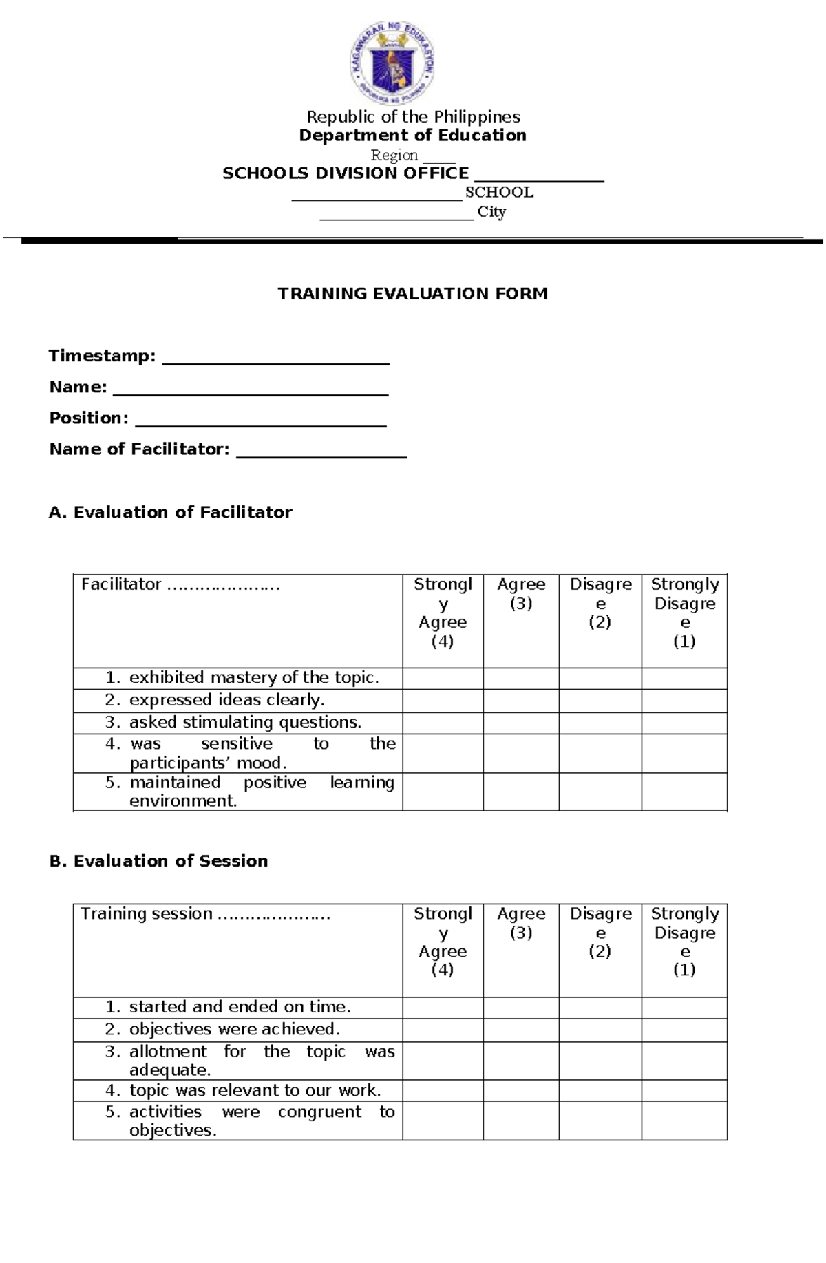 RPMS Training Evaluation Form - Philippines Dept. of Education - Studocu