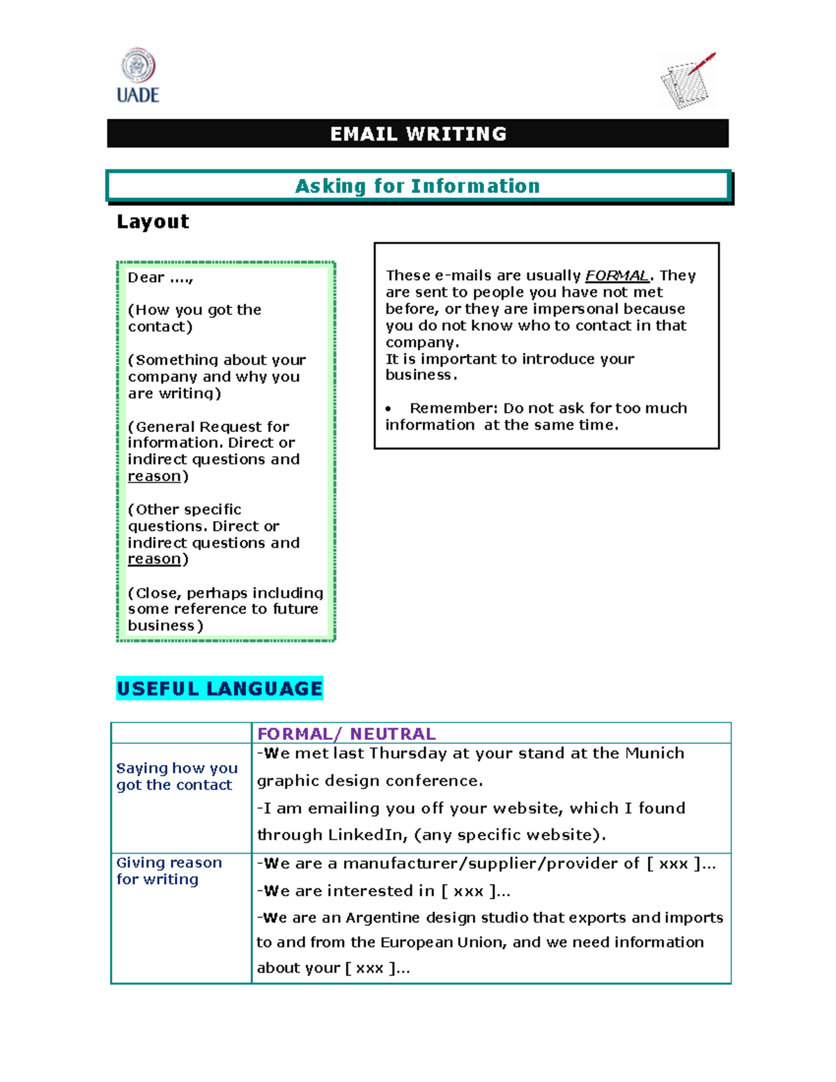 EMAIL WRITING: Layout for Asking for Information - Studocu