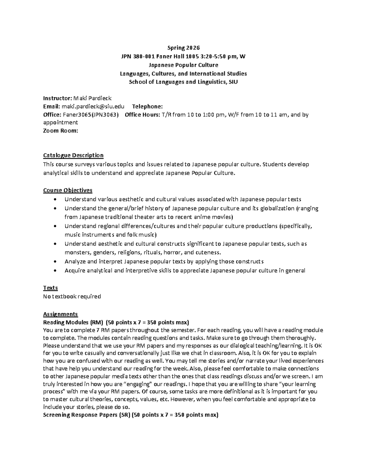 JPN 380 Syllabus: Exploring Japanese Popular Culture - Spring 2026 ...