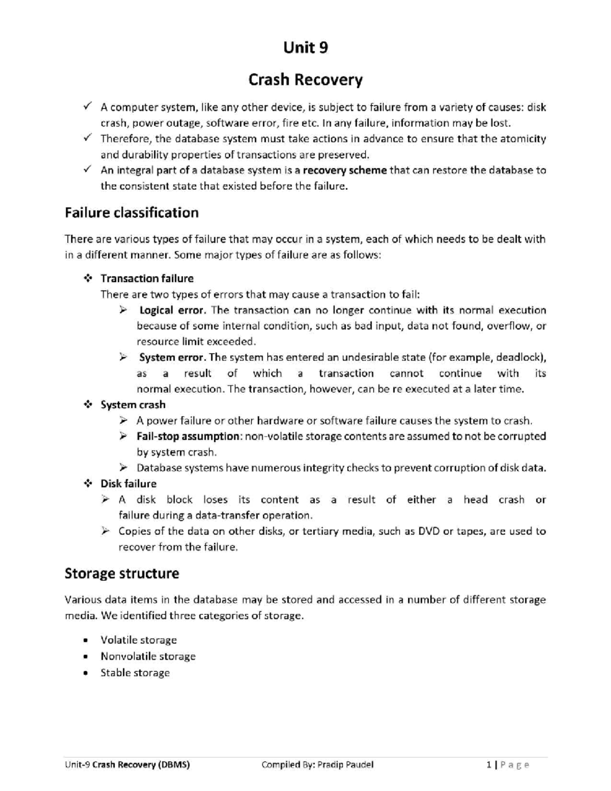 Unit 9 DBMS Crash Recovery Notes: Understanding Failures and Recovery ...