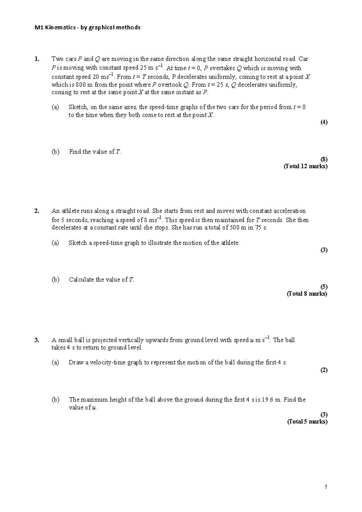 M1 Kinematics Past Paper (Graphs) Questions & Answers - Studocu