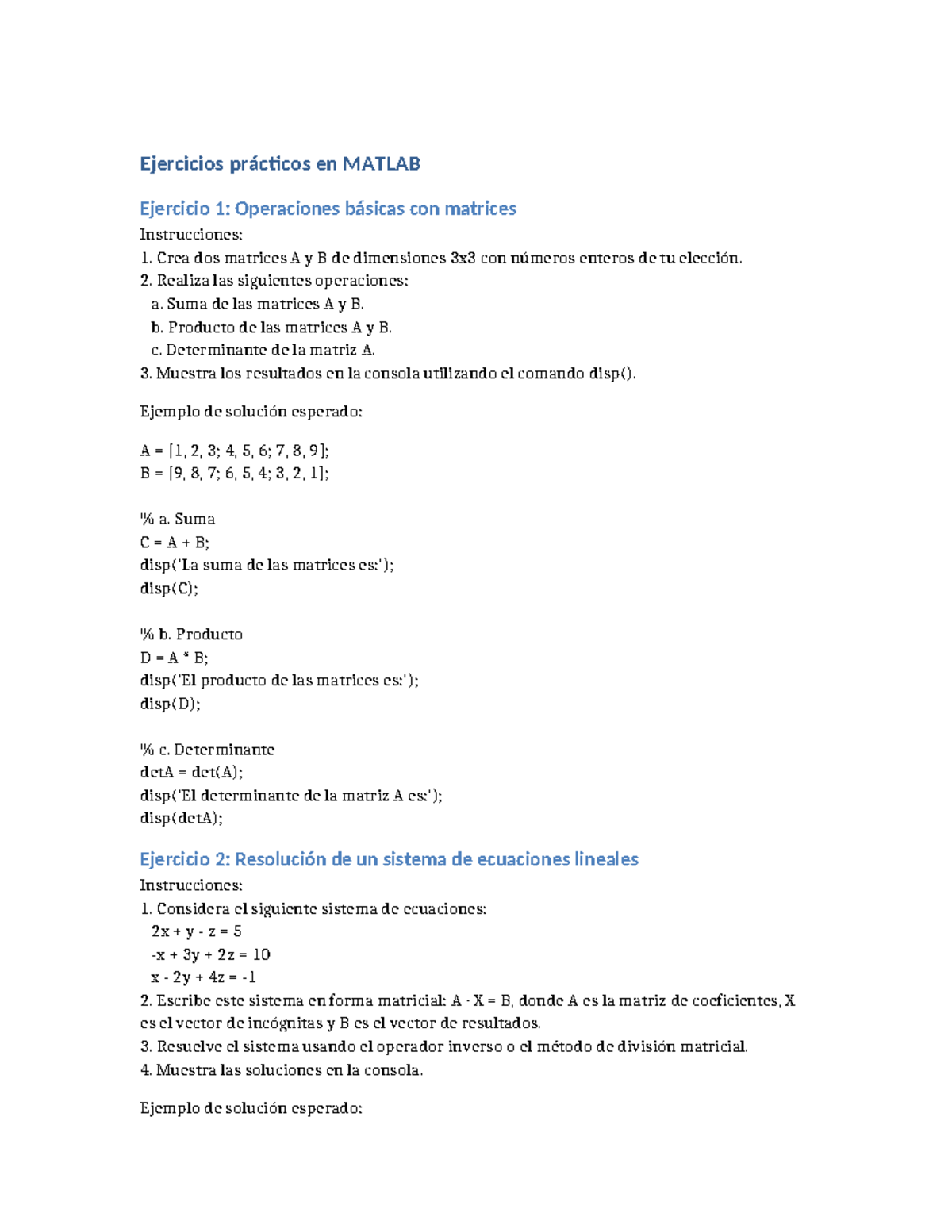 Ejercicios Prácticos de MATLAB para Matemáticas 101 - Studocu