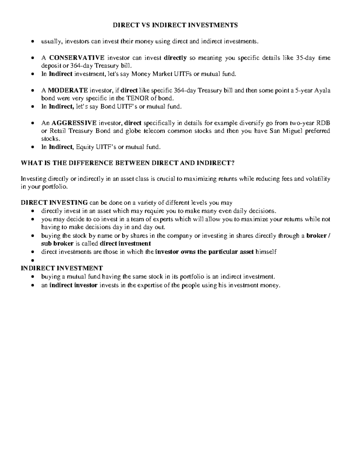 Direct vs Indirect Investments: A Guide for Investors - Studocu