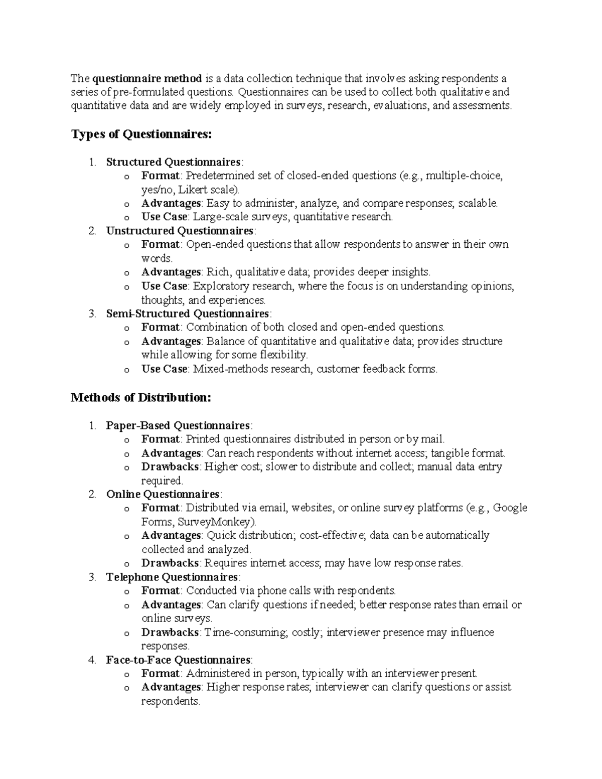 Questionnaire Method: Types, Distribution & Key Considerations - Studocu