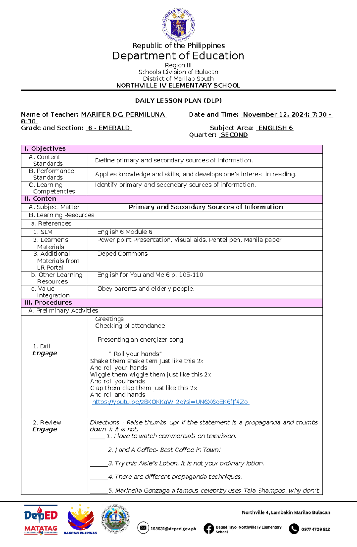Daily Lesson Plan (DLP) for English 6 - Primary & Secondary Sources ...