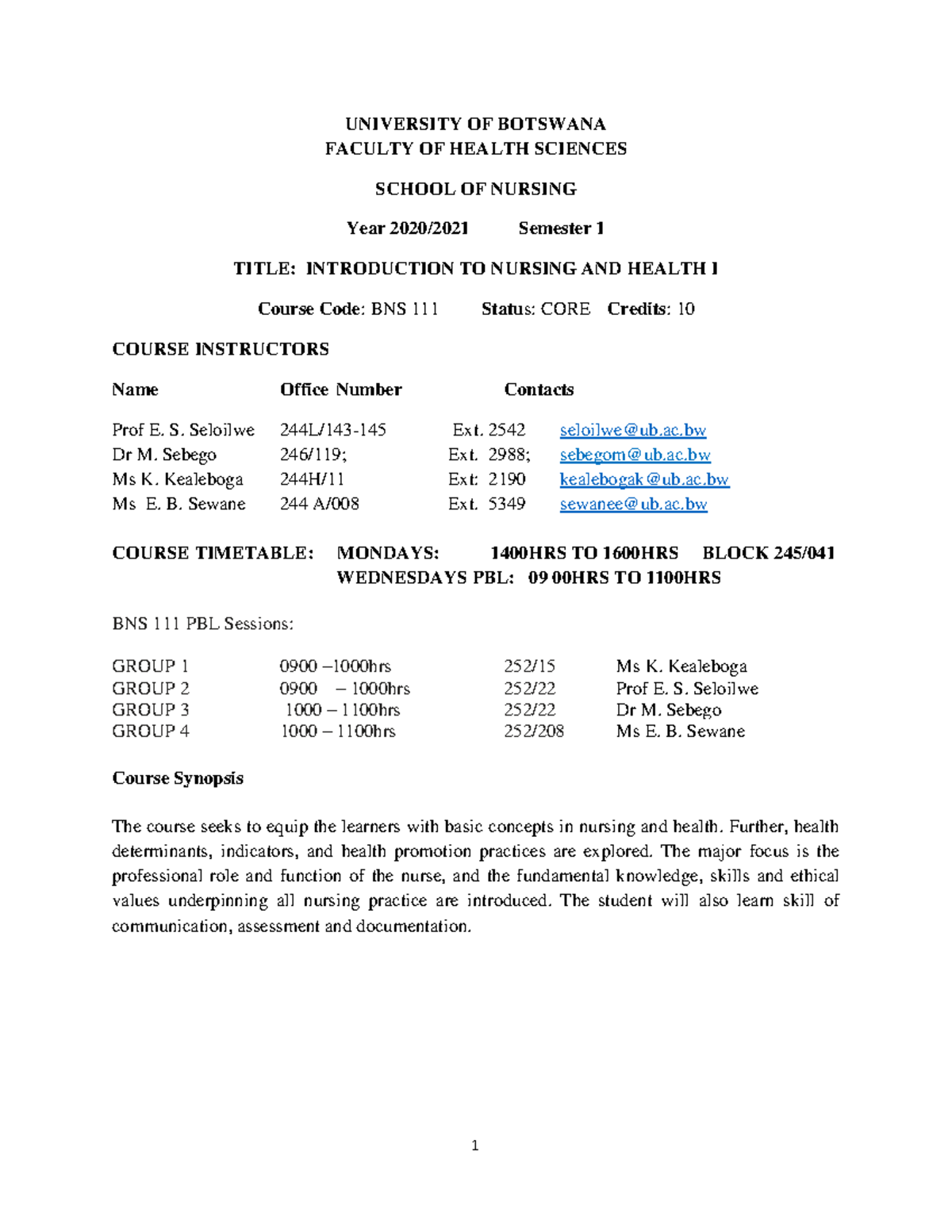 BNS 111 Introduction to Nursing and Health Course Outline 2021 - Studocu