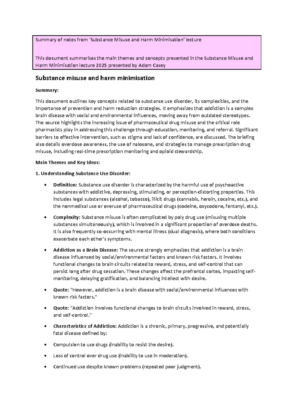 Summary of Substance Misuse and Harm Minimisation Lecture (2025) - Studocu