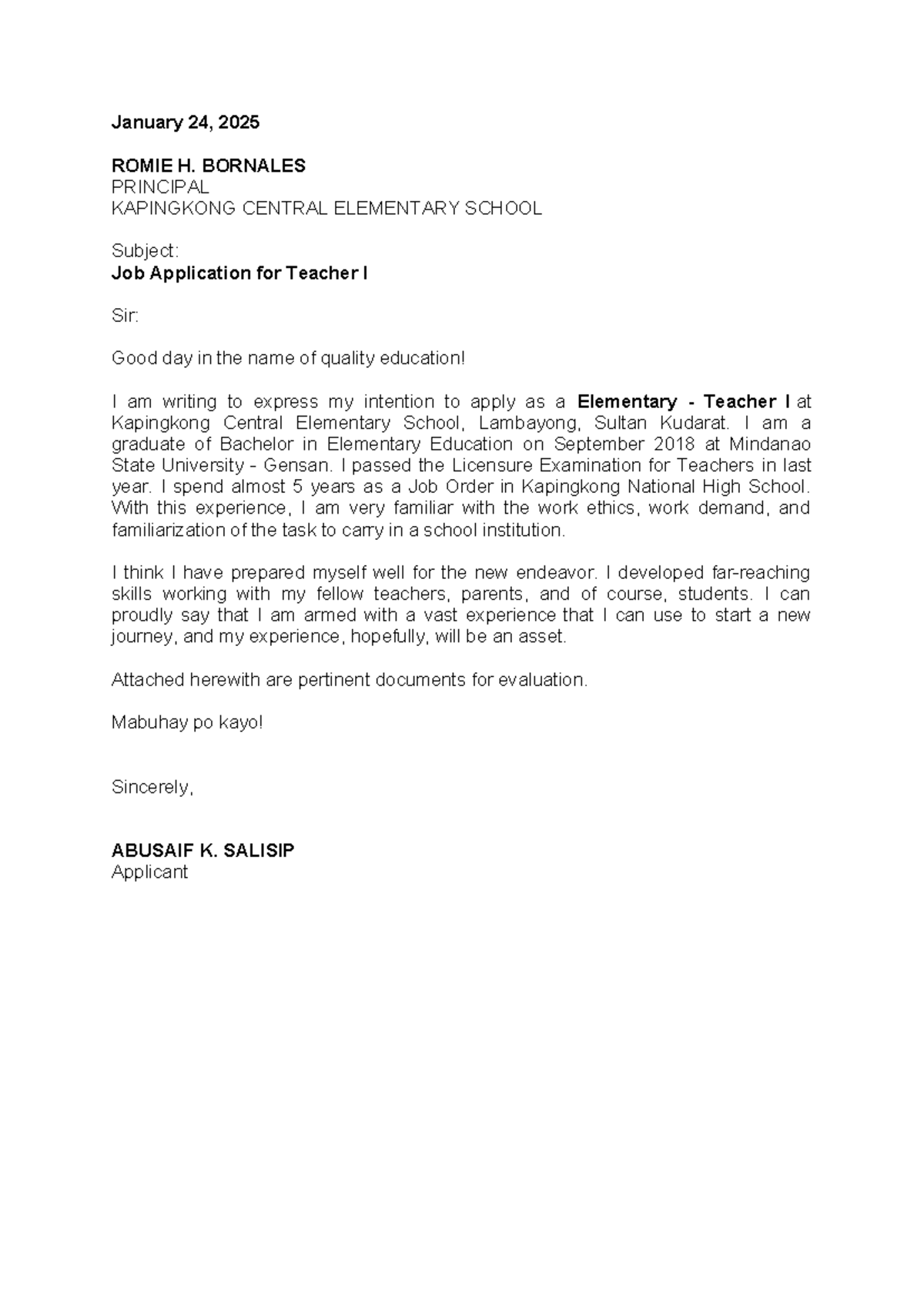 Job Application Letter for Teacher I Position at Kapingkong Central ...