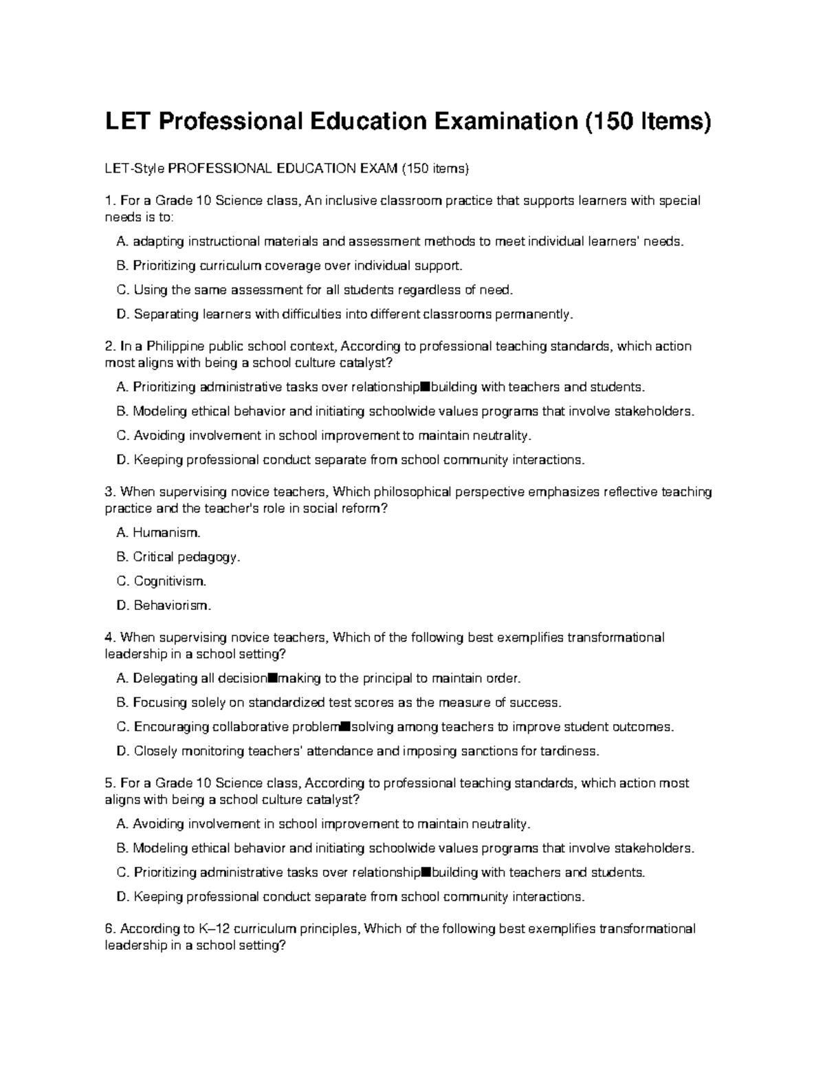 LET Professional Education Exam (150 Items) with Answer Key - Studocu
