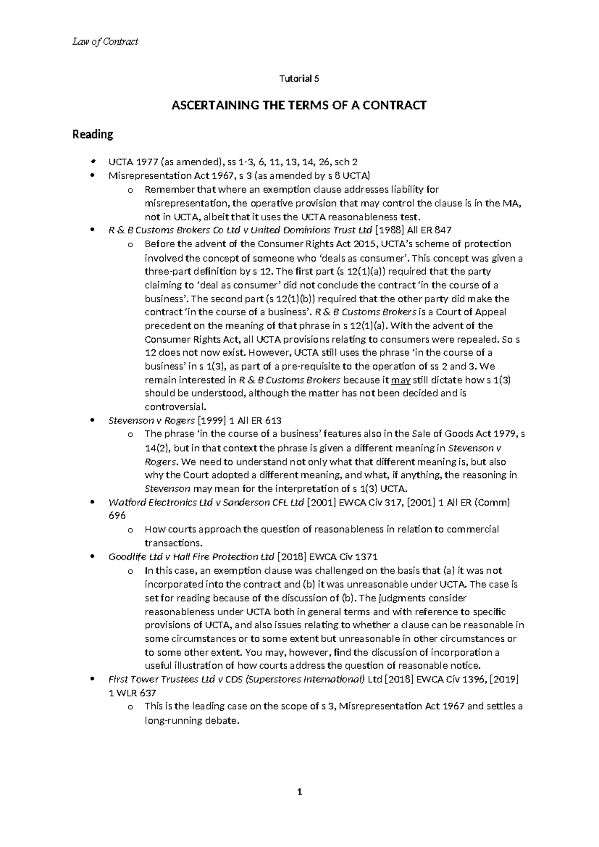 Tutorial 6 - UCTA and Misrepresentation Act Notes - Studocu