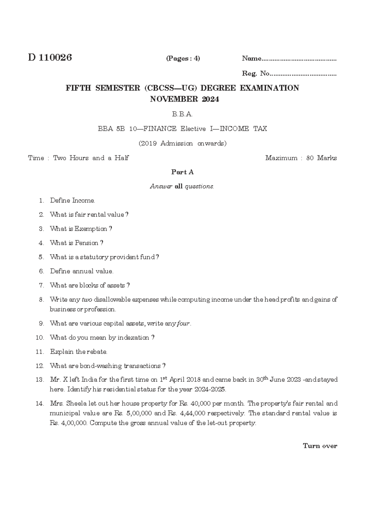 BBA 5B Elective Income Tax Final Exam - November 2024 - Studocu