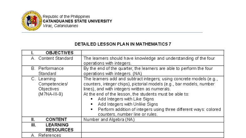 Detailed Lesson Plan in Mathematics 7: Addition of Integers - Studocu