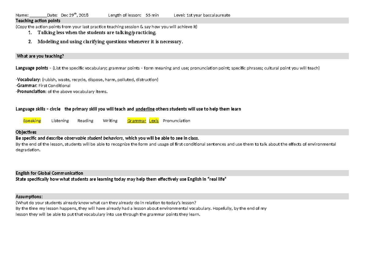 ECRIF Lesson Plan: Teaching First Conditional and Environmental ...