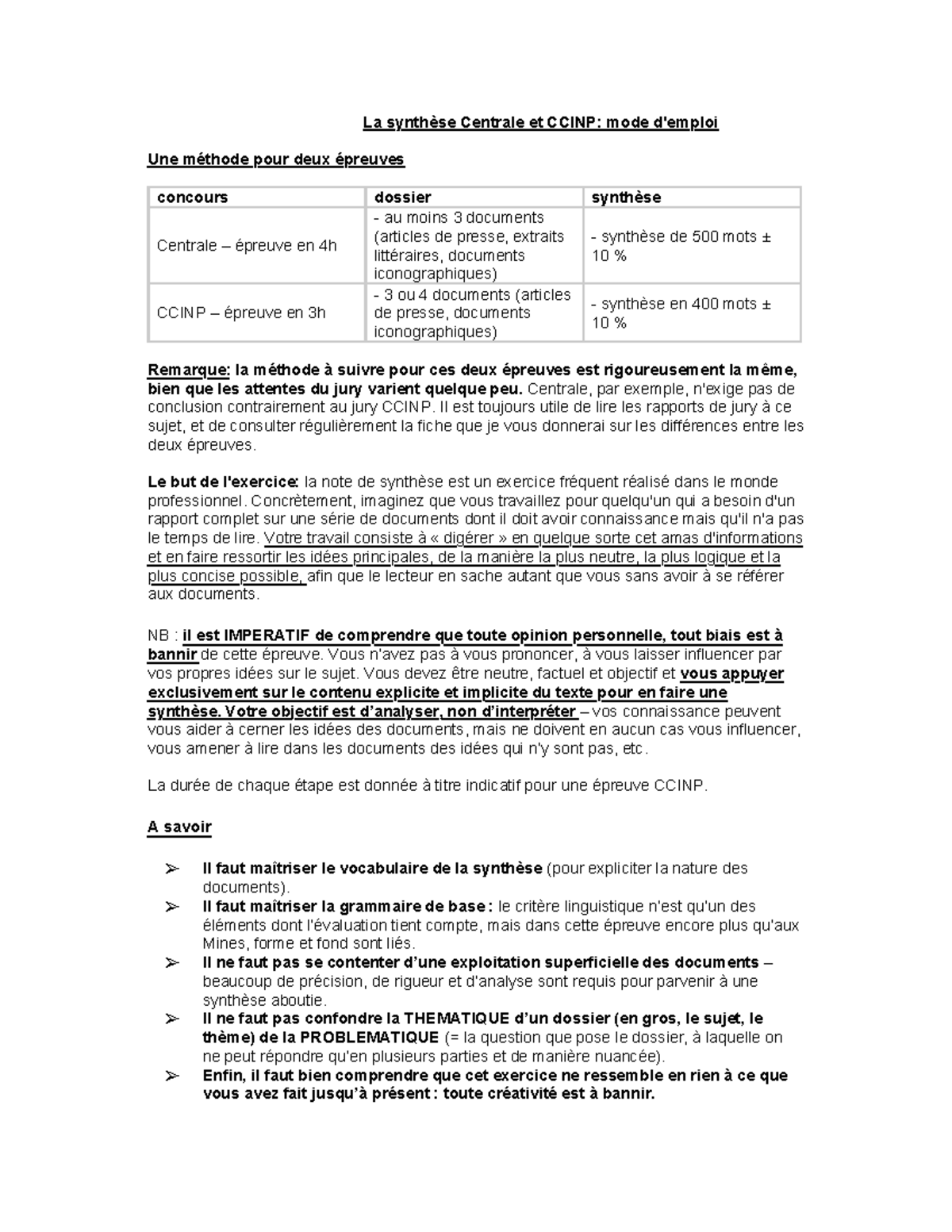 Synthèse Centrale et CCINP : Guide Complet pour l'Épreuve - Studocu