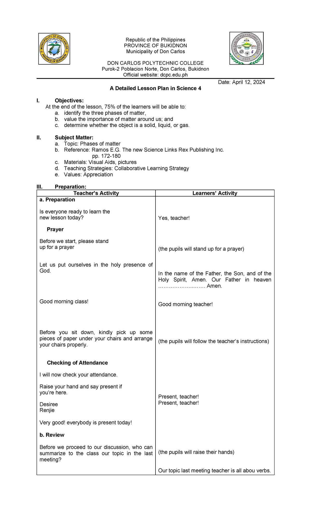 DLP: Detailed Lesson Plan in Science 4 on Phases of Matter - Studocu