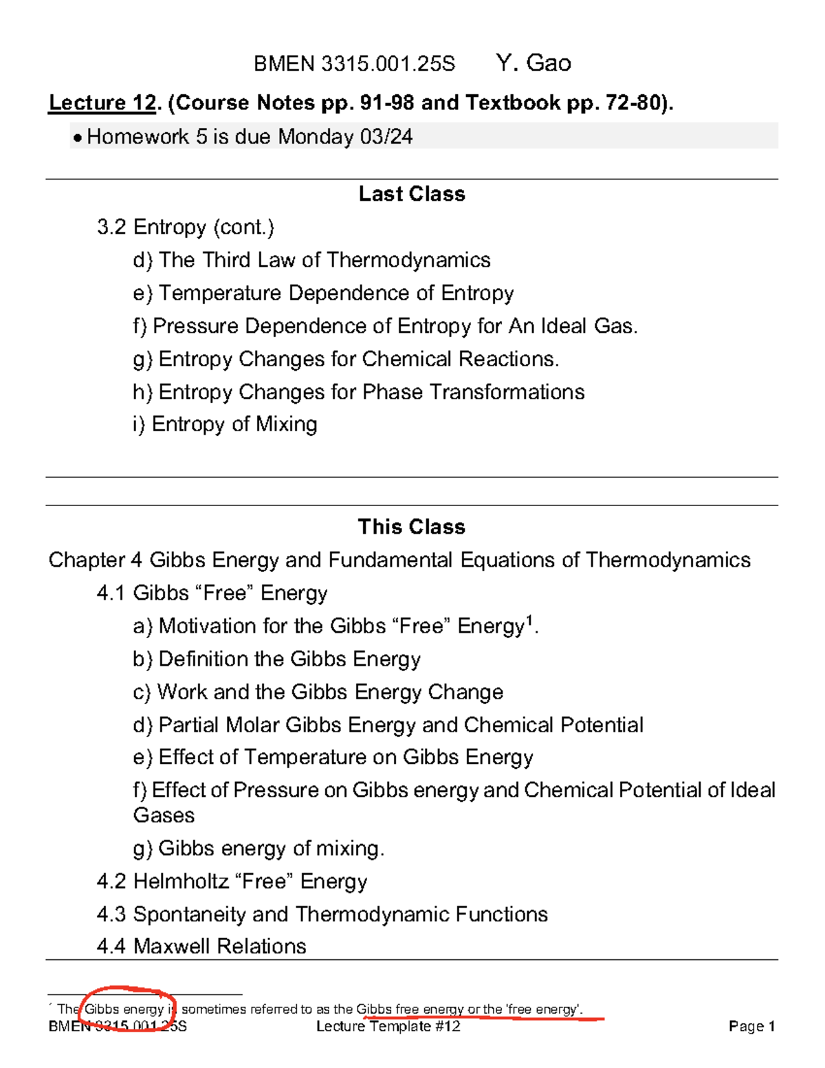 BMEN 3315.001.25S Lecture 12: Thermodynamics and Gibbs energy concepts ...