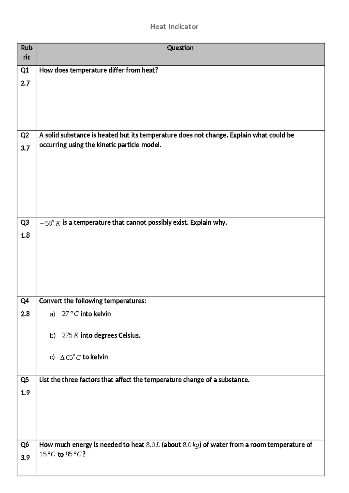 2. Heat Indicator (VCE Physics Unit 1) - Heat Indicator Rub ric ...