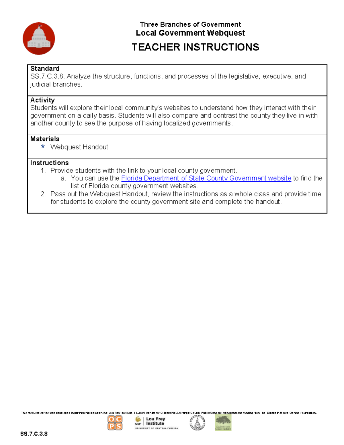 SS.7.C.3.8 Local Government Webquest Teacher Instructions - Studocu