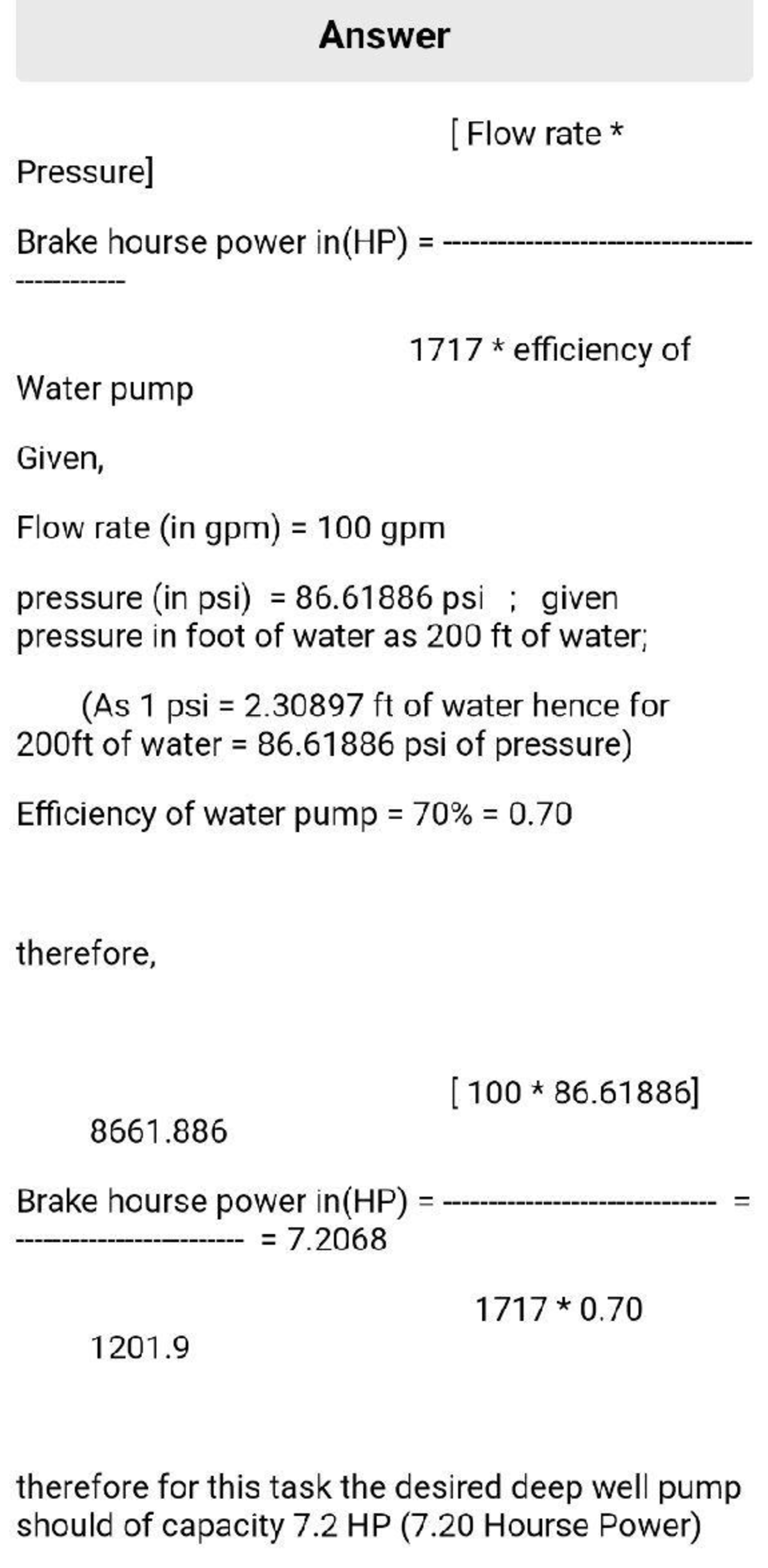 Msg-4213631990-38667 - Answer Flow rate Brake hourse power in(HP) 1717 efficiency of Water pump ...