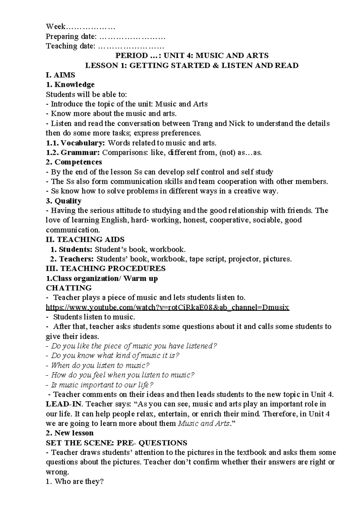 Unit 4: Music and Arts - Lesson Plans for Grade 7 (Global Success 1 ...