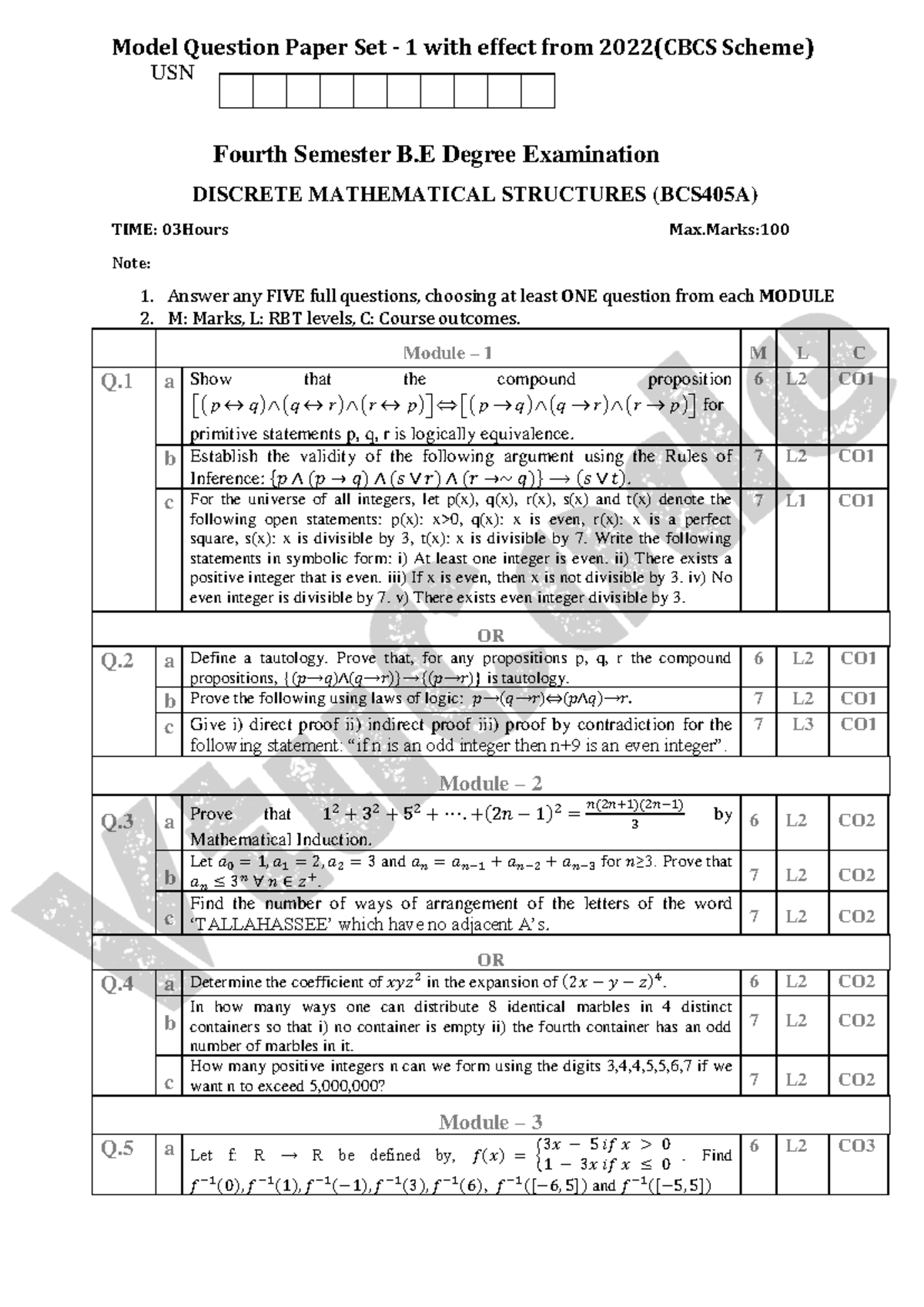 BCS405A Discrete Mathematical Structures Model Question Paper Set 1 - Studocu
