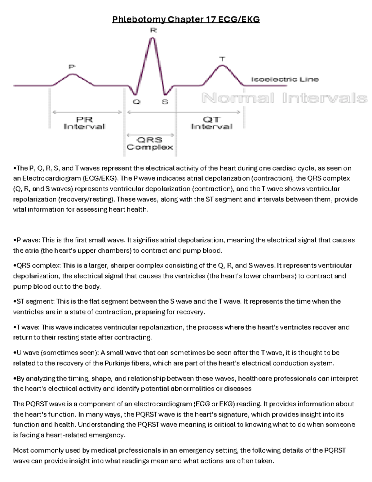 Phlebotomy Chapter 17: Understanding PQRST Waves in ECG-EKG - Studocu