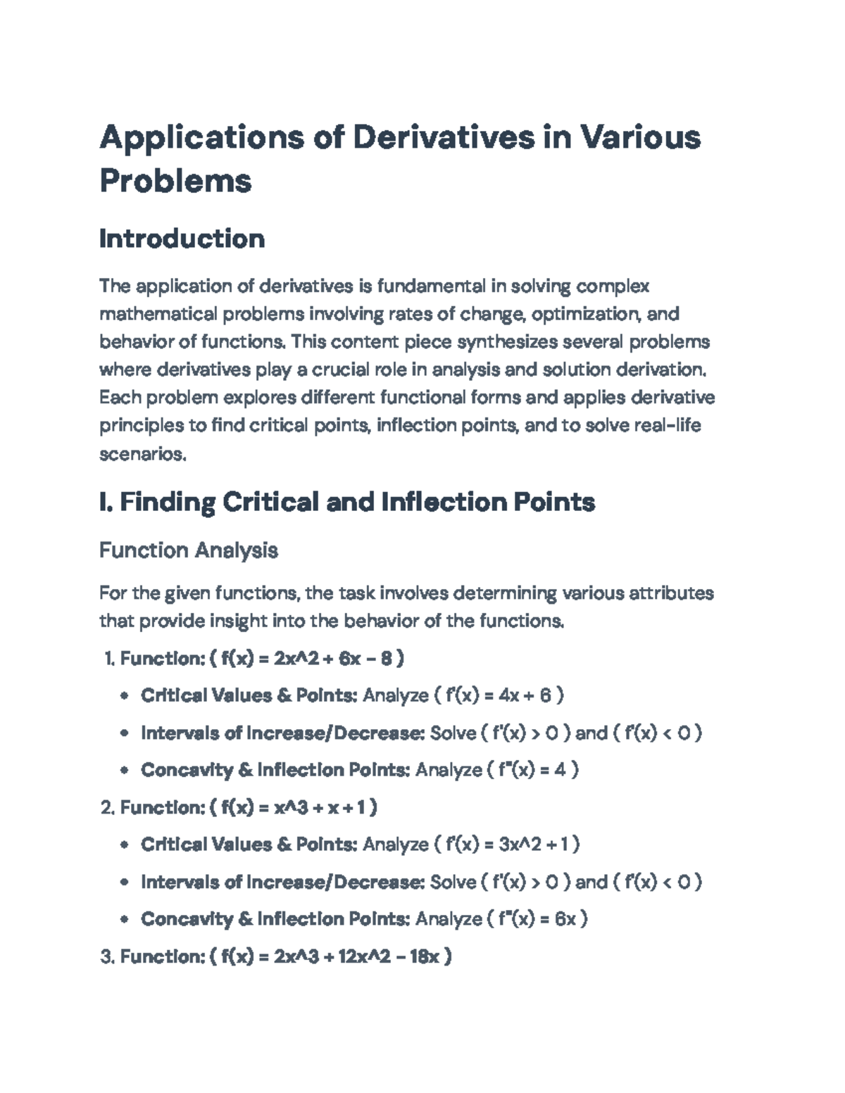 Applications of Derivatives in Function Analysis and Real-Life Problems ...