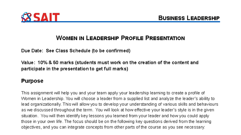 BUSINESS LEADERSHIP: Women in Leadership Profile Presentation - Studocu