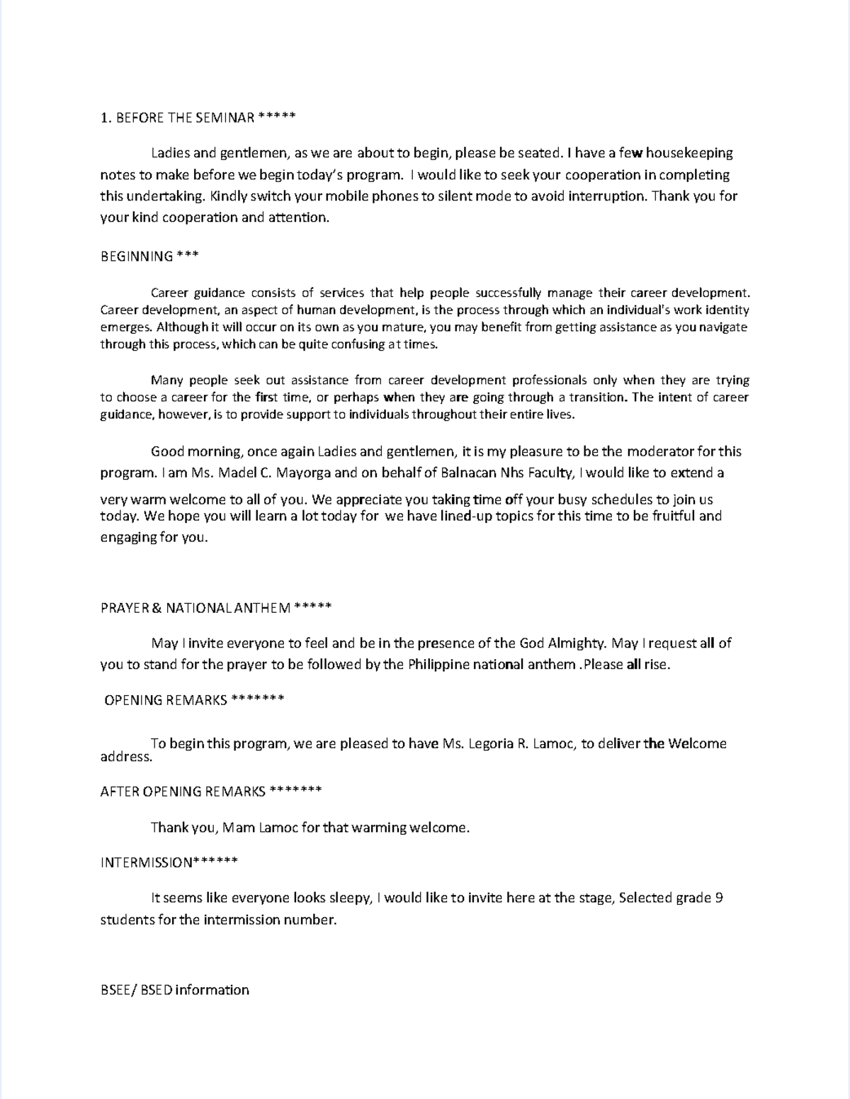 Emcee Script for Career Guidance Program (BSEE/BSED) - Studocu