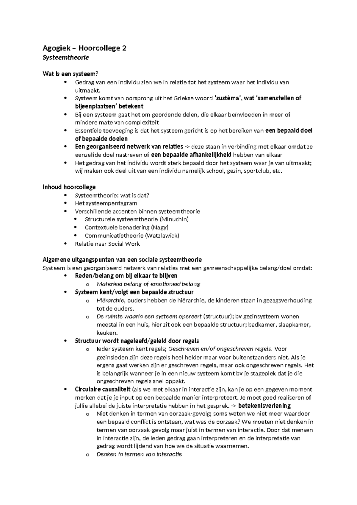 Agogiek 1: Hoorcollege 2 - Systeemtheorie en Sociale Relaties - Studeersnel