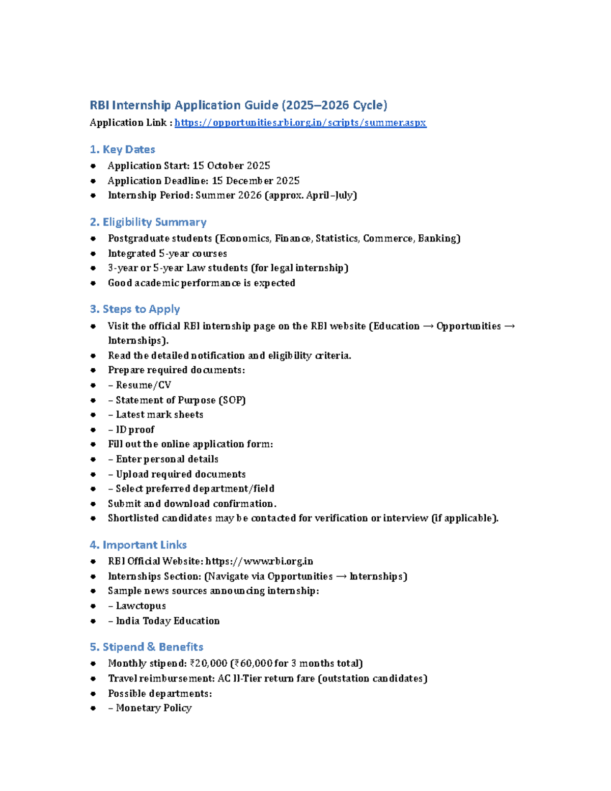 RBI Internship Application Guide 2025-2026: Key Dates & Steps - Studocu