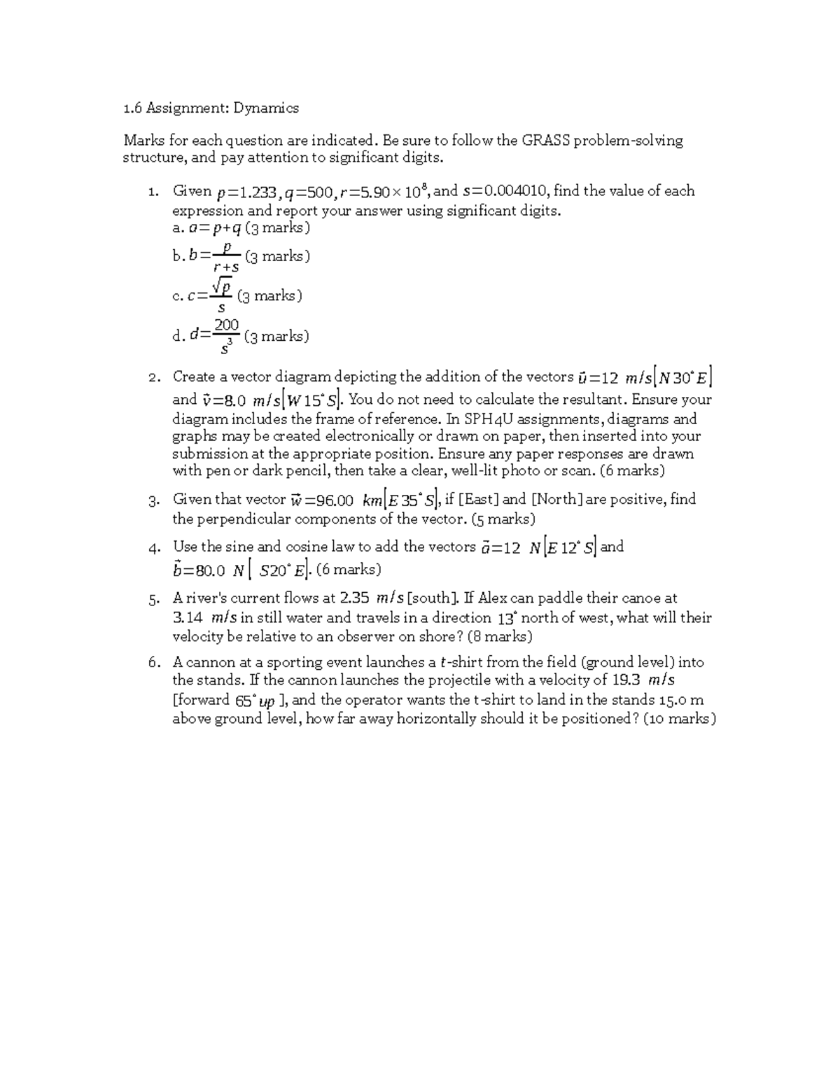 SPH4U 1.6 Assignment: Dynamics and Vector Analysis - Studocu