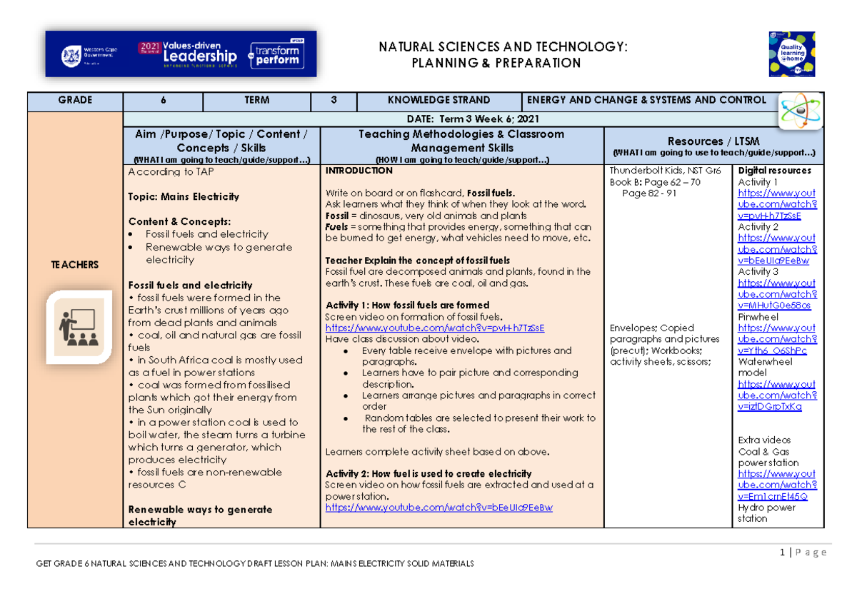 Grade 6 Natural Sciences & Tech: Lesson Plan on Energy & Change T3 W6 ...