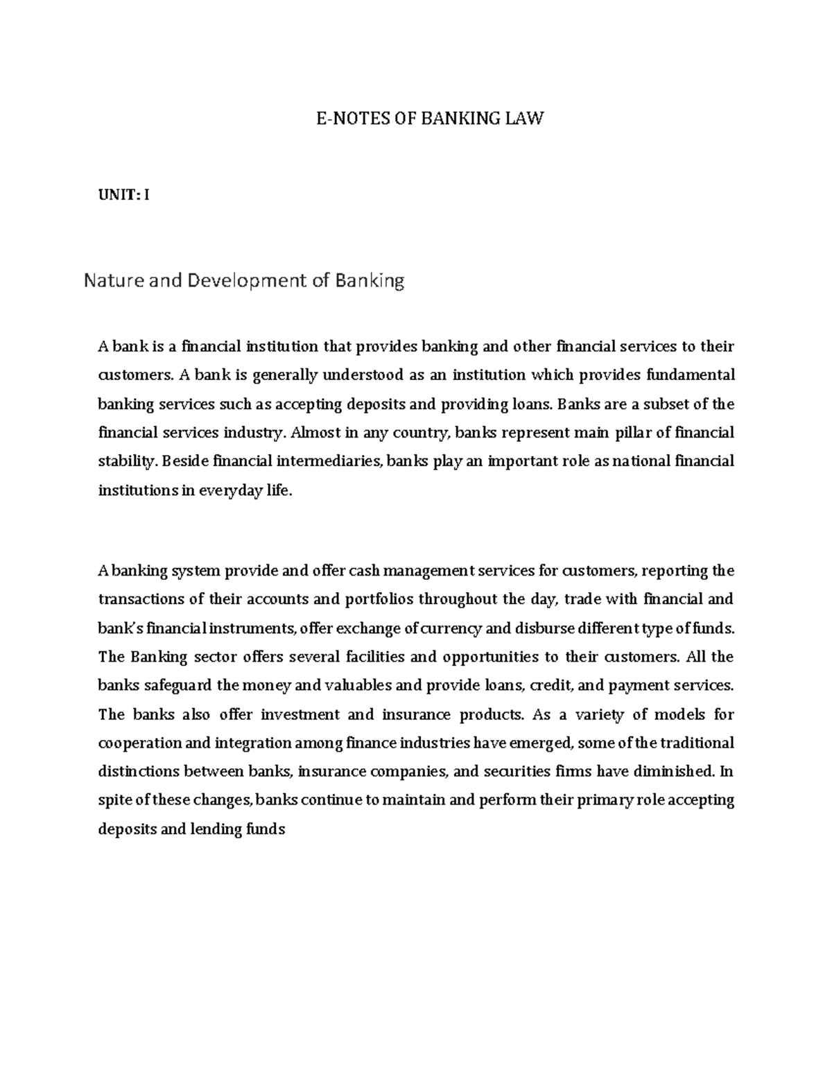 E-Notes on Banking Law - 7th Sem Overview and Key Concepts - Studocu