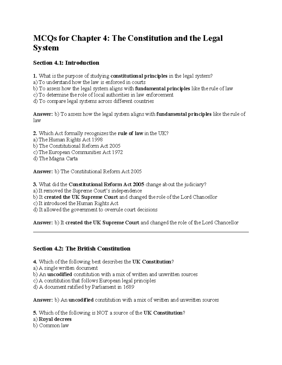 MCQs for Chapter 4: The Constitution and the Legal System (Revised ...