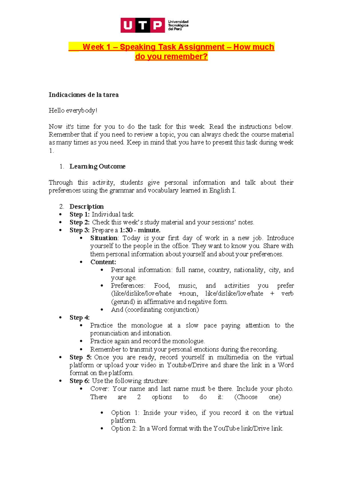 🔴 Week 1 – Speaking Task Assignment – How much do you remember - 🔴 Week ...