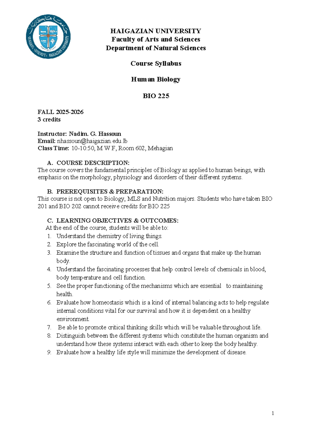 BIO 225 Human Biology Syllabus - Fall 2025-2026 - Studocu