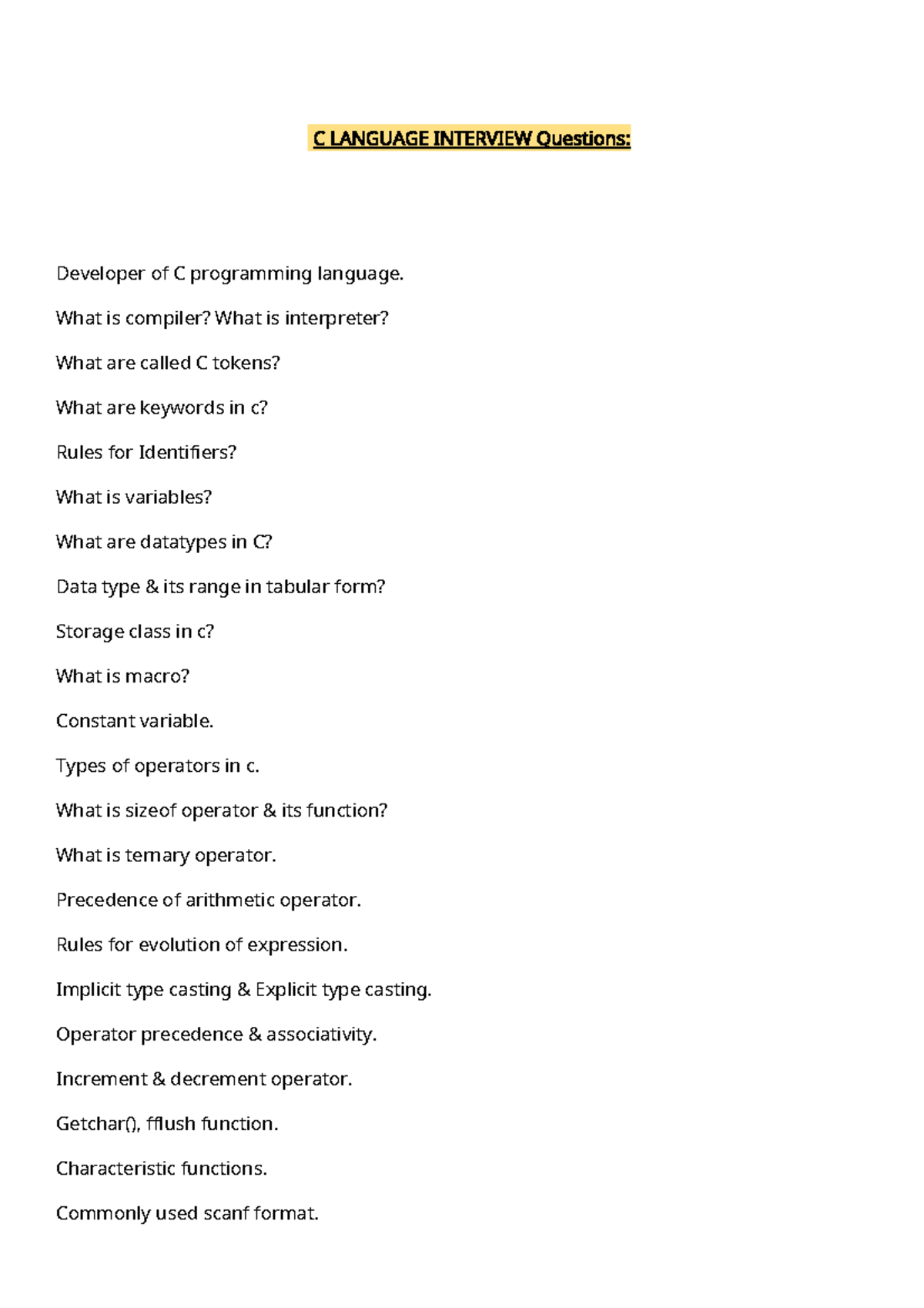 C LANGUAGE INTERVIEW Questions: Key Concepts and Terminology - Studocu