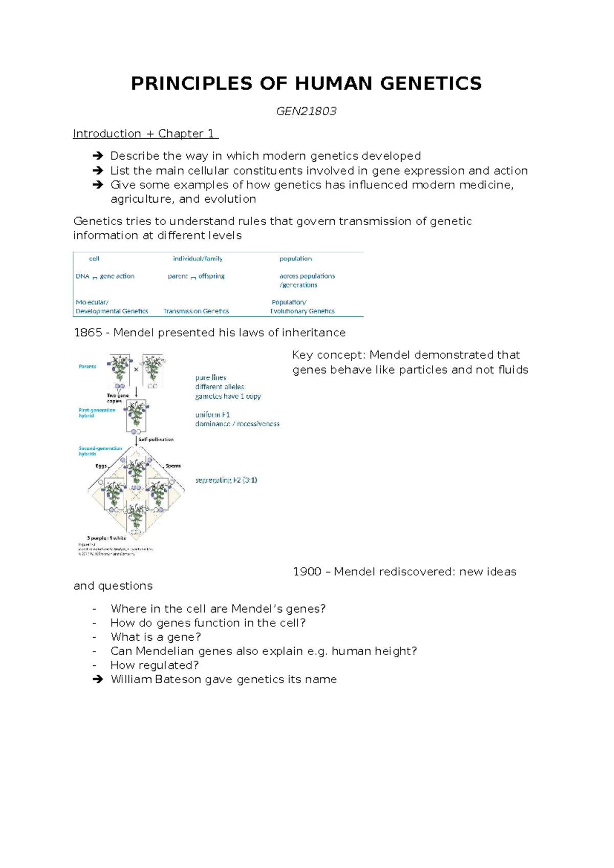 Principles of Human Genetics GEN21803 Lecture Notes: Chapters 1-3 ...
