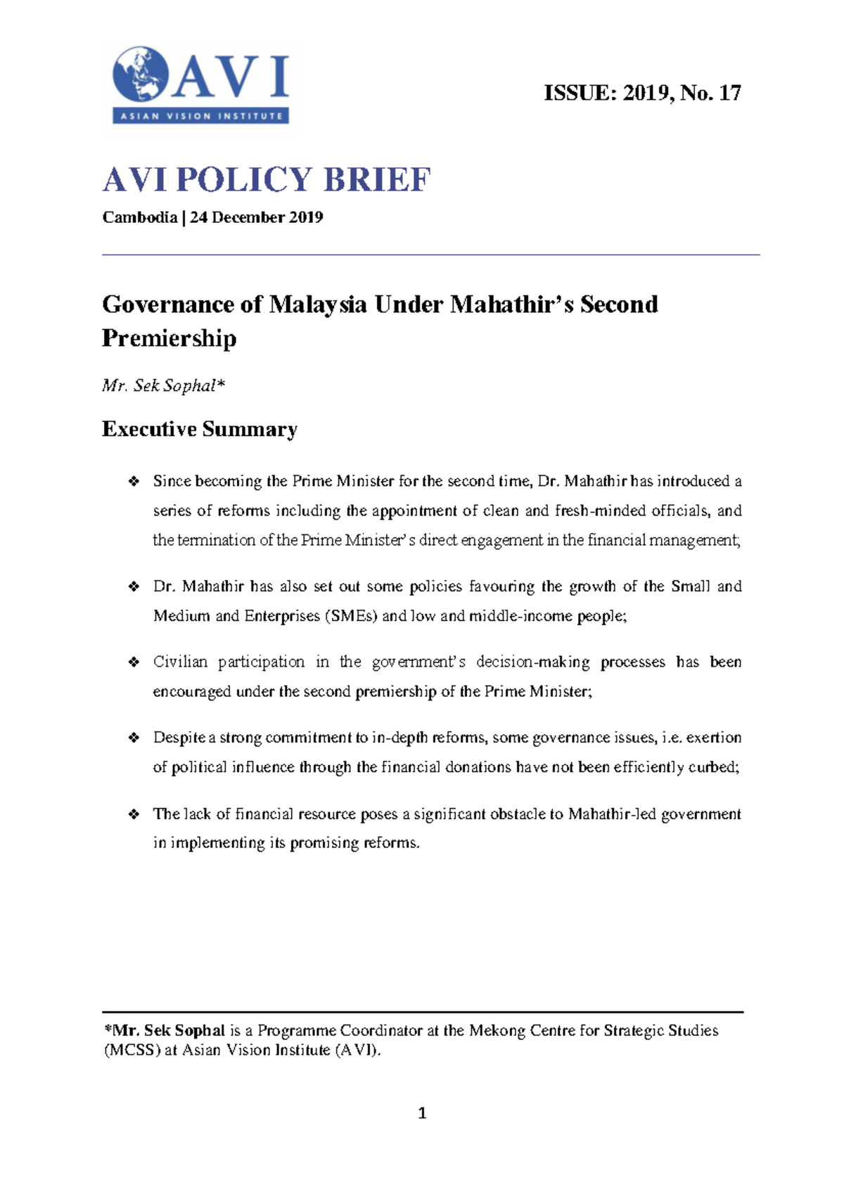 AVI Policy Brief: Governance Reforms in Malaysia Under Mahathir's ...
