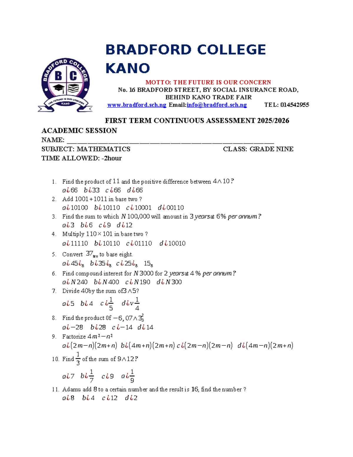 Grade 9 Mathematics Continuous Assessment Questions 2025 - Studocu