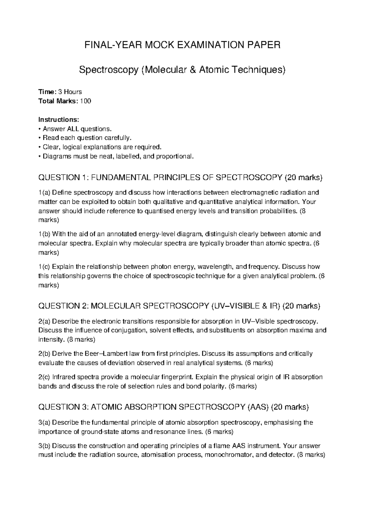 Final Year Mock Exam: Spectroscopy Techniques (Molecular & Atomic ...