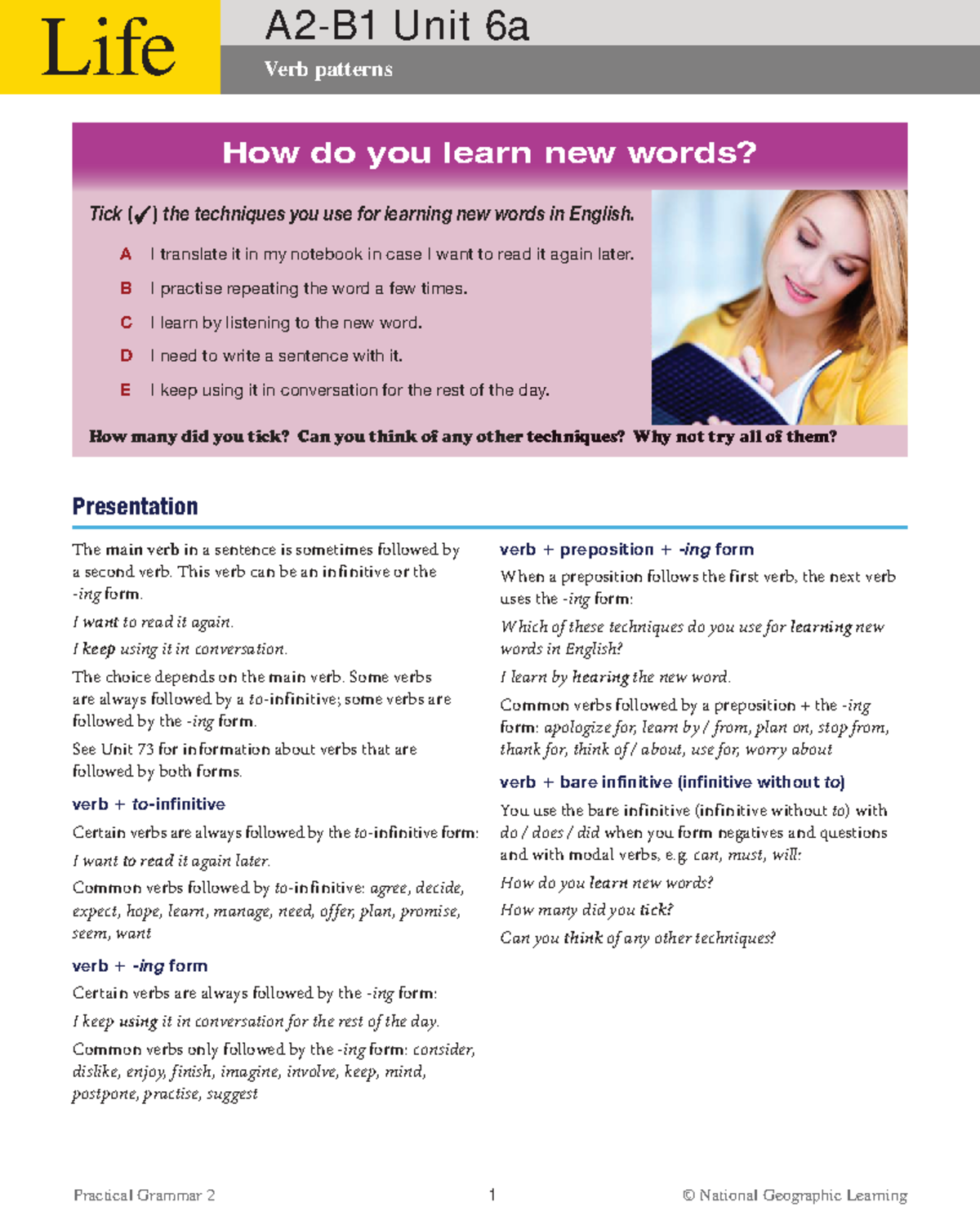 A2B1 Unit 6a - Verb Patterns for Learning New Words in English - Studocu