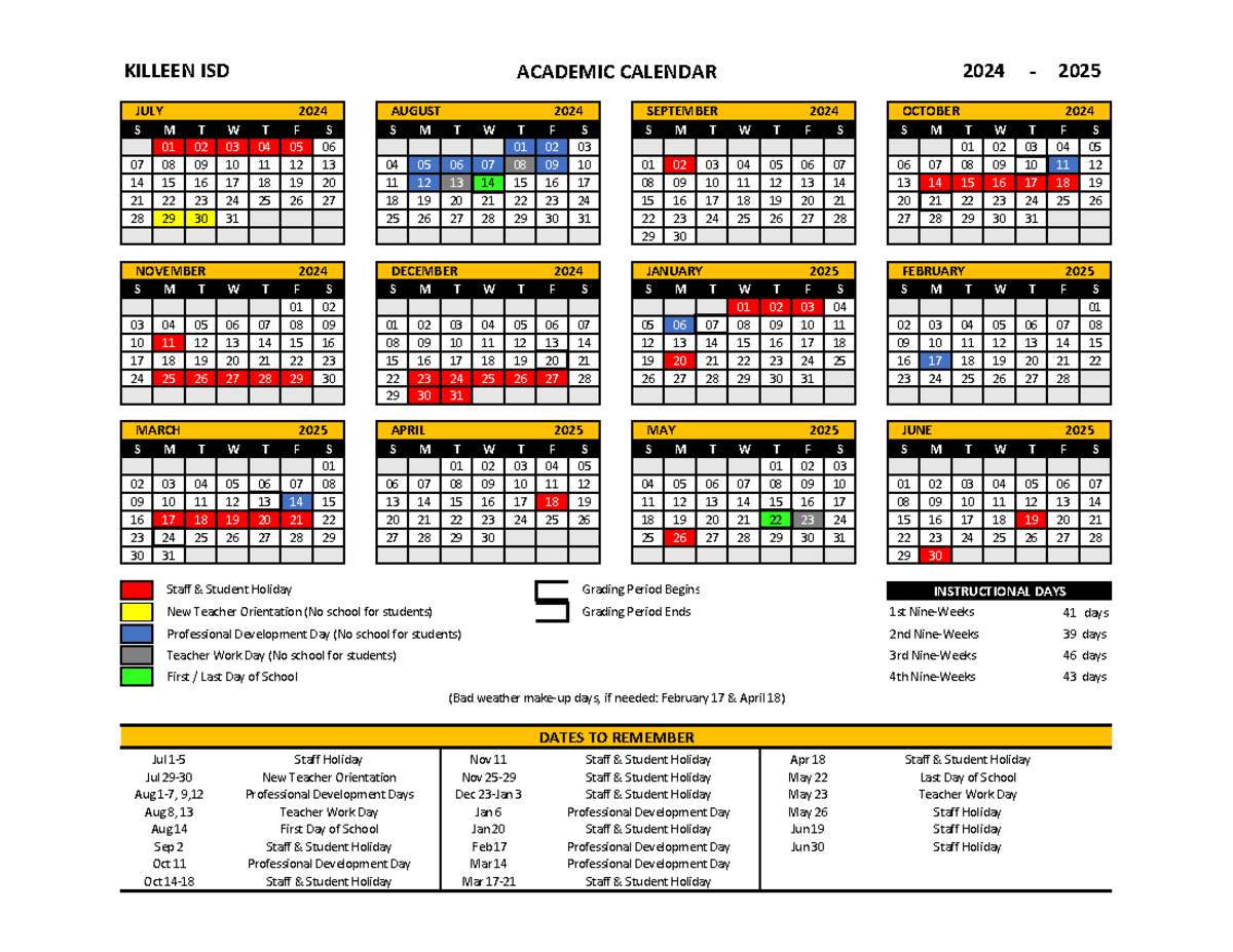 KILLEEN ISD Academic Calendar 2024-2025 (Cal25) - Studocu