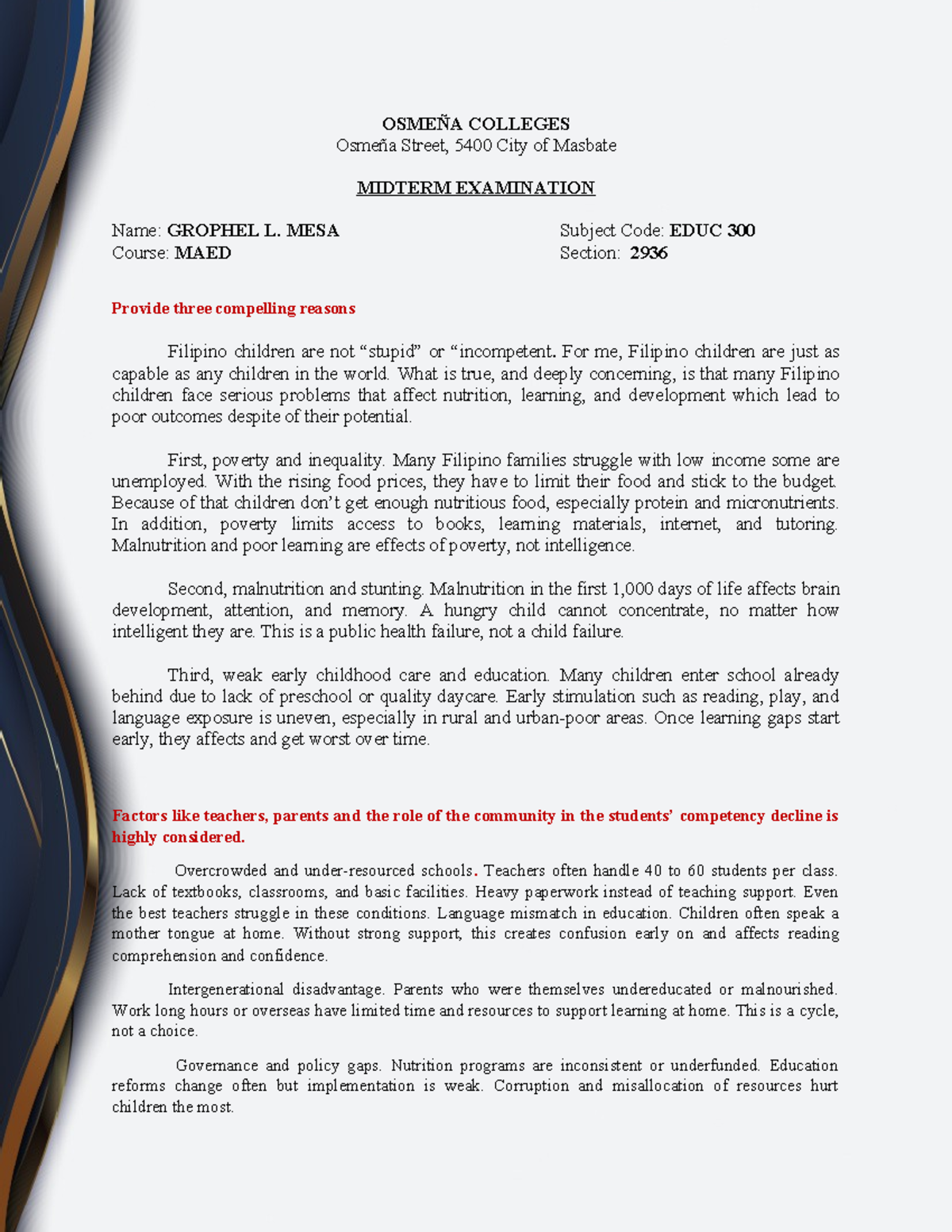 EDUC 300 Midterm Exam: Challenges Faced by Filipino Children - Studocu