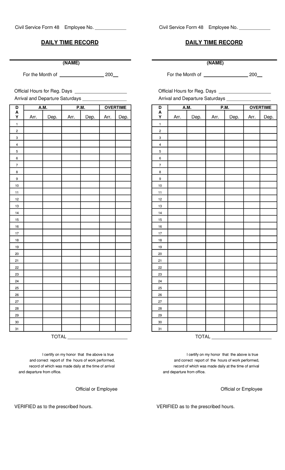 Civil Service Form 48: Daily Time Record for Employees - Studocu