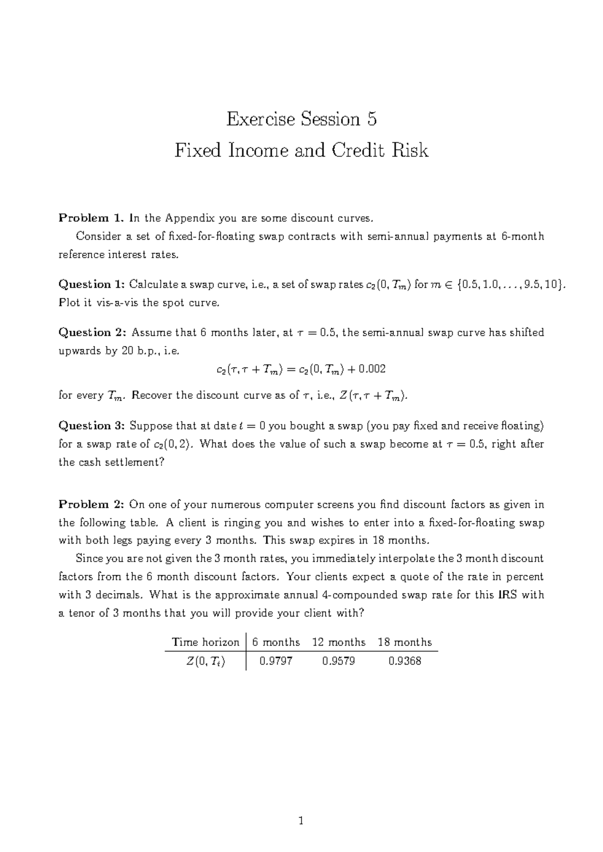 Exercise Session 5 - Fixed Income & Credit Risk Problems - Studocu